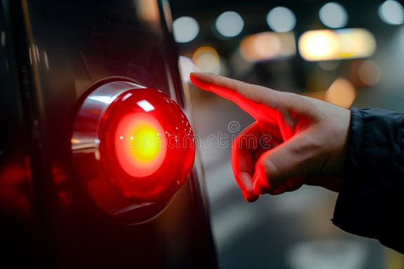 Passenger Pressing a Bright Red Emergency Stop Button Stock ...