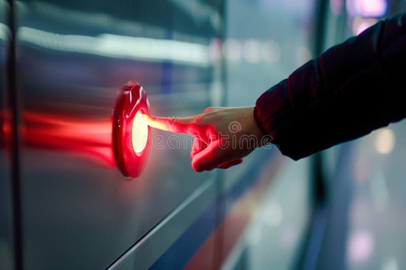 Passenger Pressing a Bright Red Emergency Stop Button Stock ...