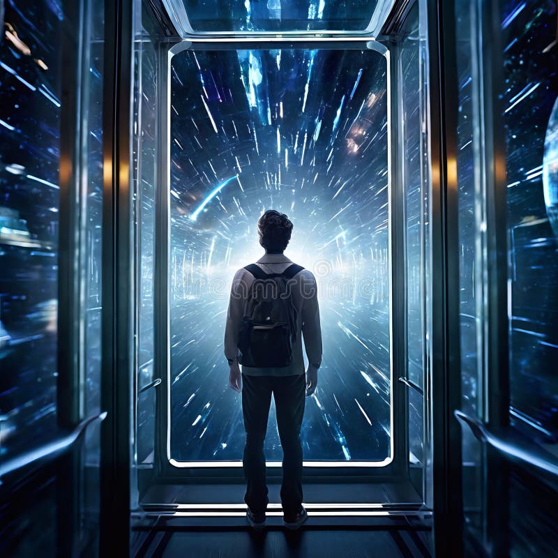 Passenger in a See through Lift through a Time Space Stock Image ...