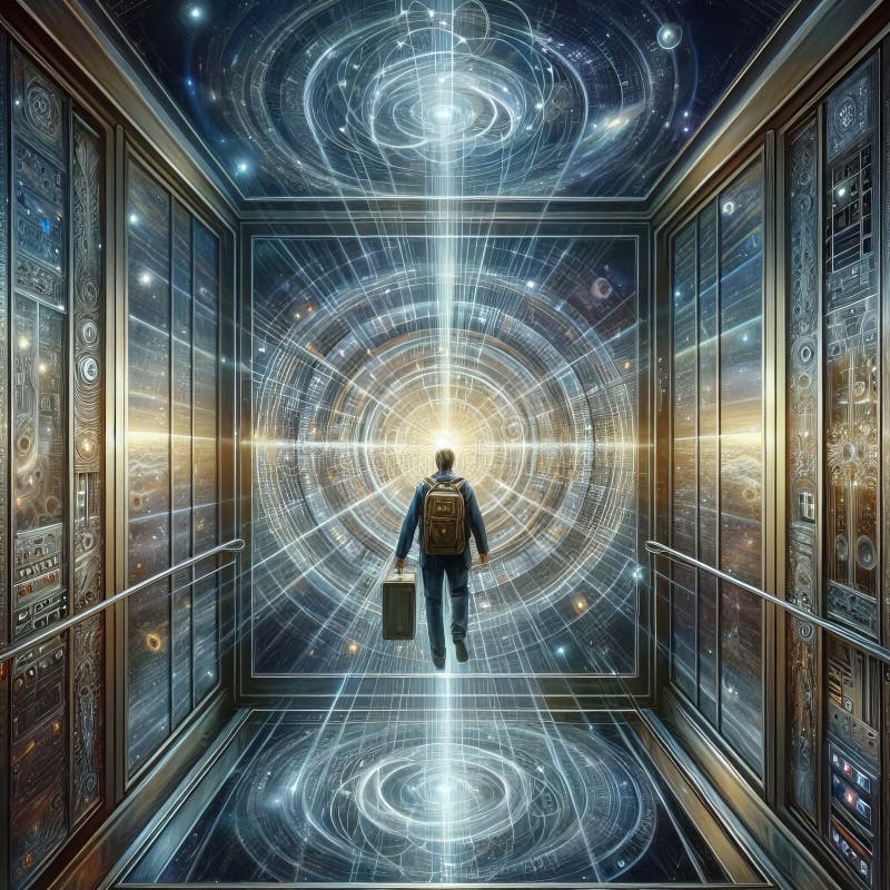 Passenger in a See through Lift through a Time Space Stock Image ...