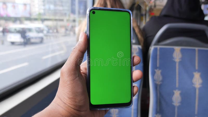Passenger Sitting in a Bus Using His Phone with Green Screen Stock ...