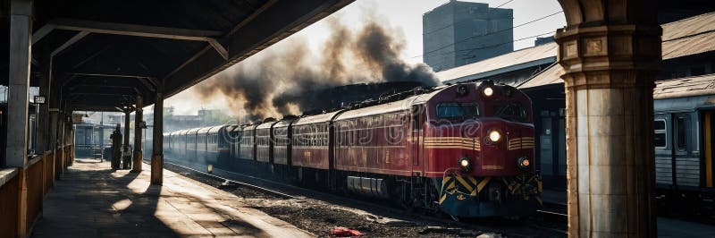 Passenger Train on Fire at Train Station, Smoke Billowing, No People ...