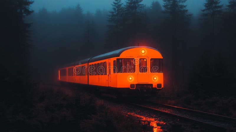 A Passenger Train, Illuminated in Red at Night, Travels Stock ...