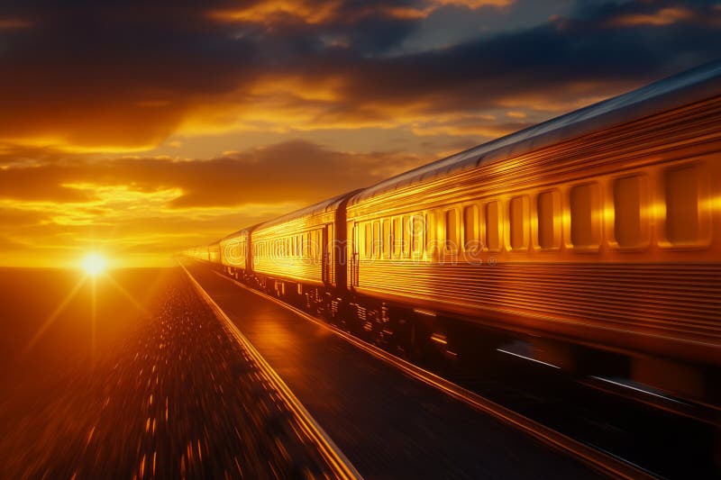Passenger Train Leaving Station at Sunset, Public Transport Concept ...