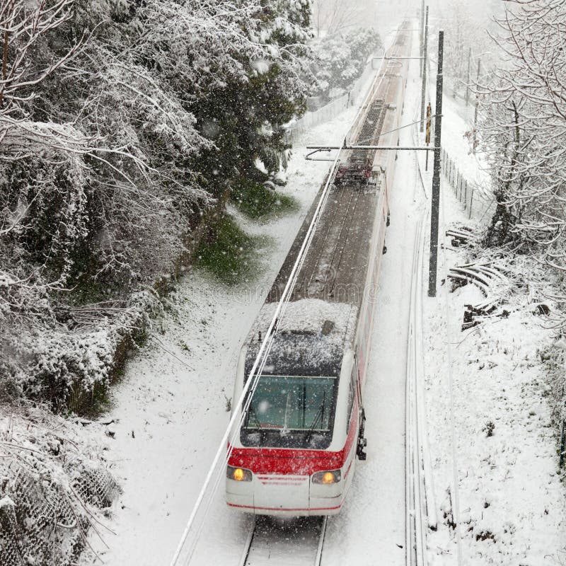 Passenger Train Moving Along Snow Track Stock Photo - Image of public ...
