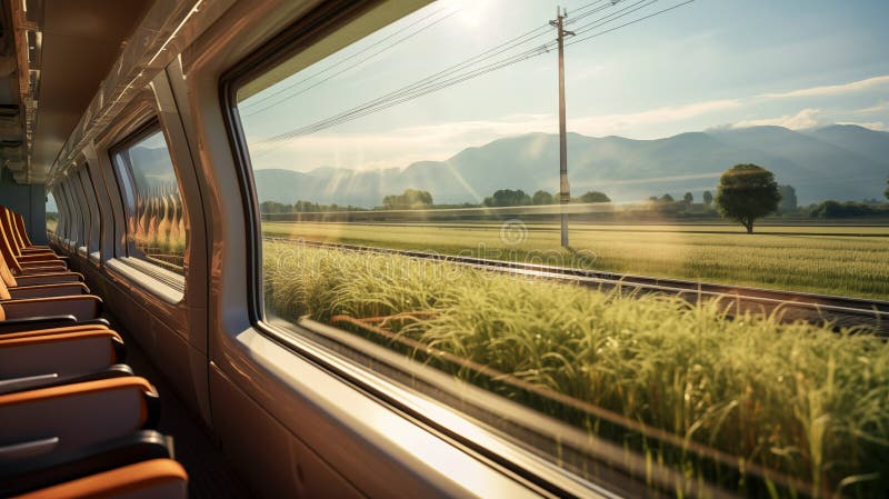 Passenger Train with Panoramic View Moving Fast Against Green Field ...