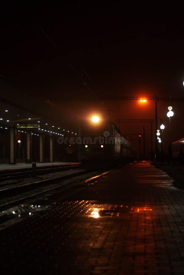 Train on the Platform of the Railway Station at Night Stock Image ...