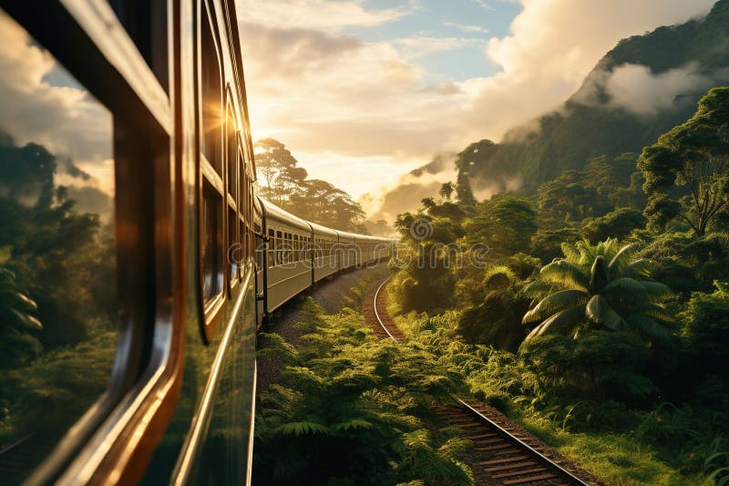 Passenger Train Rides through Beautiful Landscape. Exterior View Stock ...