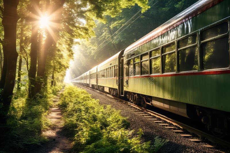 Passenger Train Rides through Beautiful Landscape. Exterior View Stock ...