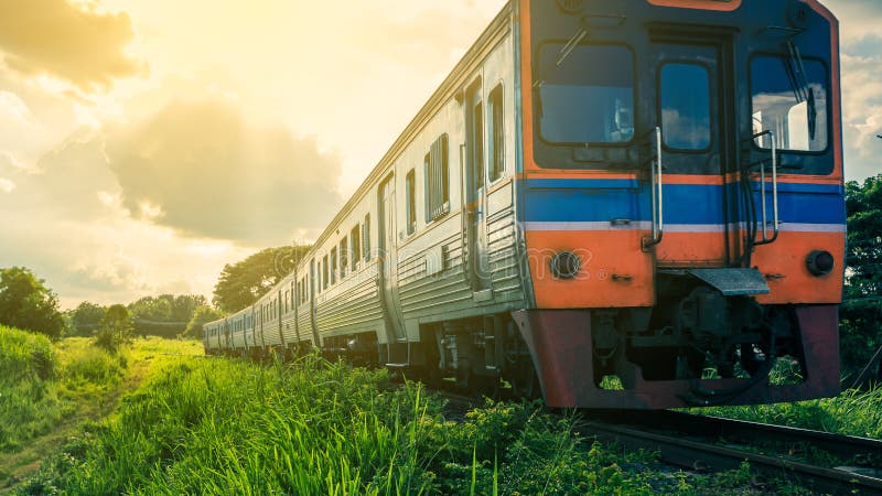 Passenger Train Running on Railway in Rural View Stock Image - Image of ...