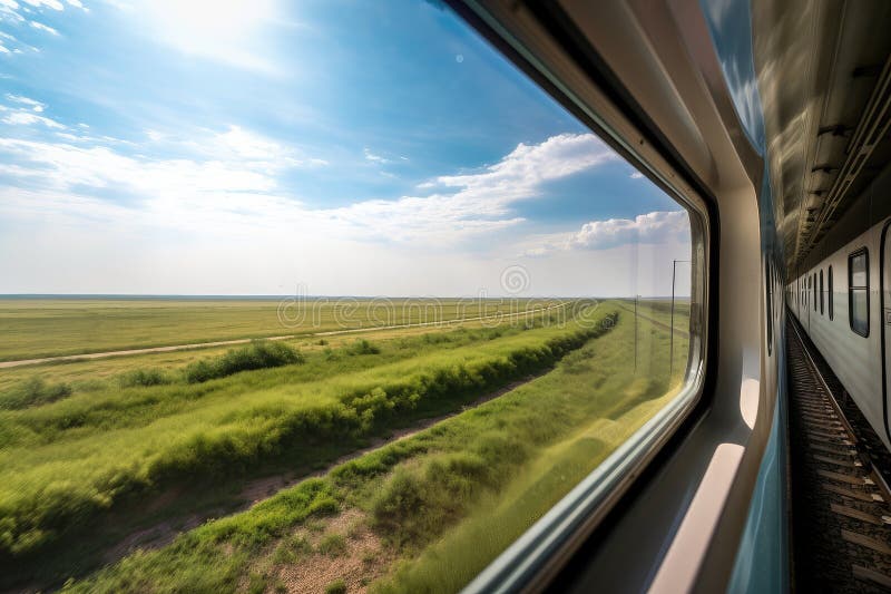 Passenger Train, with View of the Endless Horizon and Peaceful Scenery ...