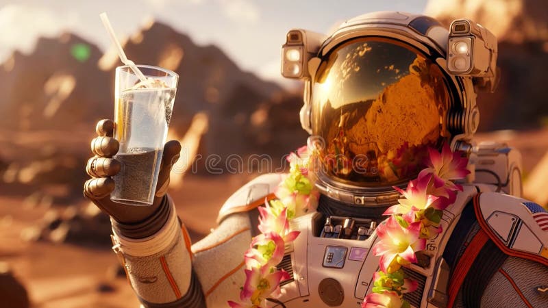 A Passenger in a Tropical-themed Space Suit Sips a Drink while ...