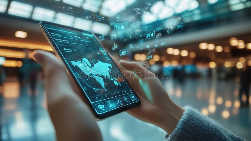 Passenger Using Advanced Travel App on Transparent Device, Interactive Holographic Map, Real ...