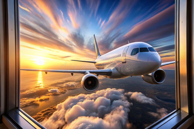 "Passenger Window View with Airplane Wing Flying in the Sky Stock ...