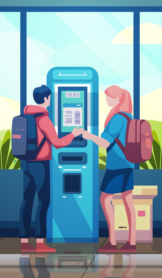 Passengers in Arrival Waiting Room Self Check in at Automatic Machine ...