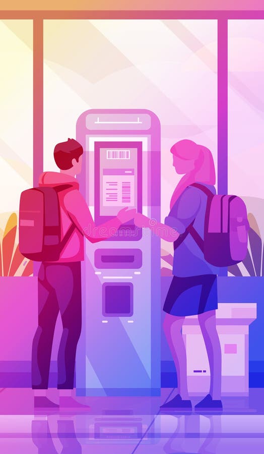 Passengers in Arrival Waiting Room Self Check in at Automatic Machine ...