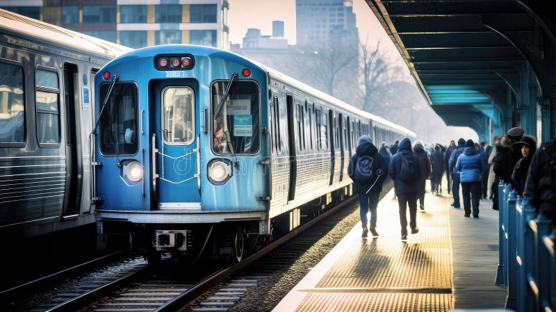 Passengers blue train stock illustration. Illustration of crowd - 336130356