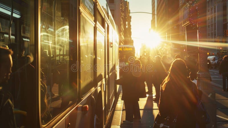 Passengers Boarding a Bus Powered by the Suns Rays at a Bustling City ...