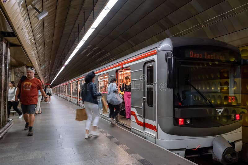 Passengers Boarding the Red Train Wagons of the Prague Subway Editorial ...