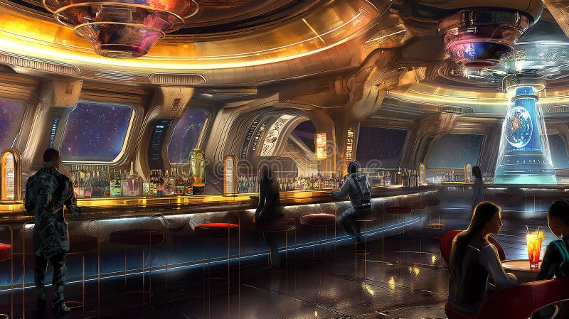 Passengers Enjoy Drinks and Conversation at a Space Hotel Bar while ...