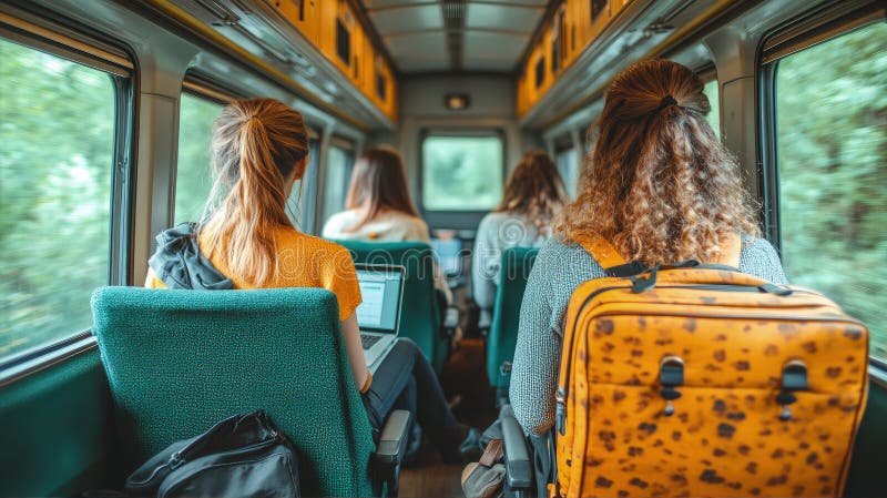 Passengers Enjoy a Scenic Train Ride through Lush Greenery, with Large ...