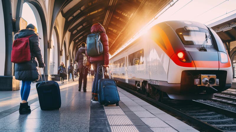 Passengers and High-speed Train Stands at the Station at Night. Modern ...