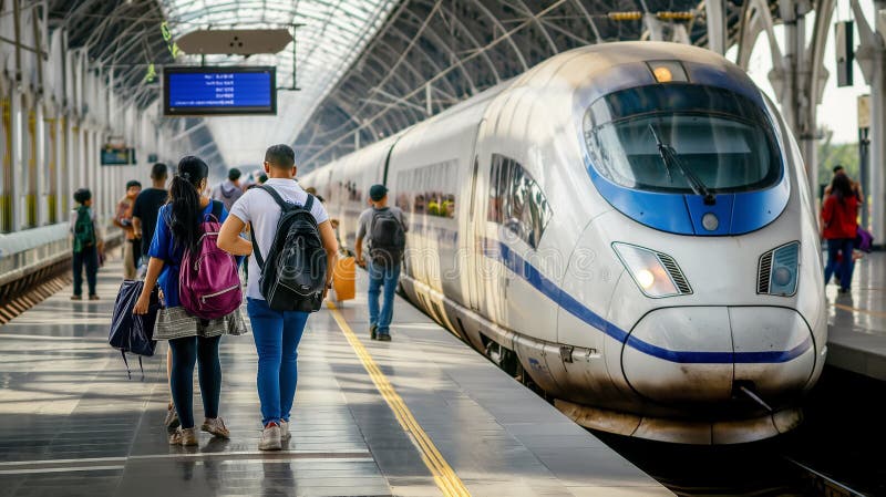 Passengers and High-speed Train Stands at the Station at Night. Modern ...