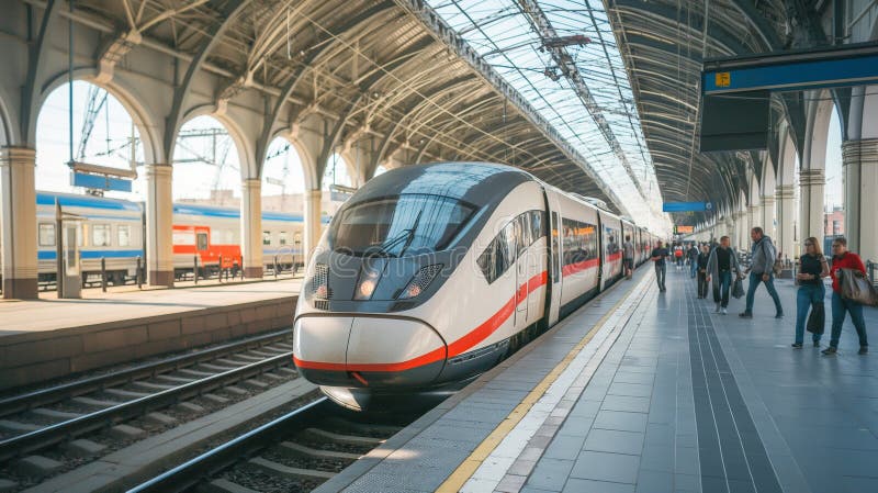 Passengers and High-speed Train Stands at the Station at Night. Modern ...