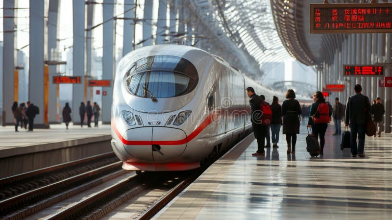 Passengers and High-speed Train Stands at the Station at Night. Modern ...