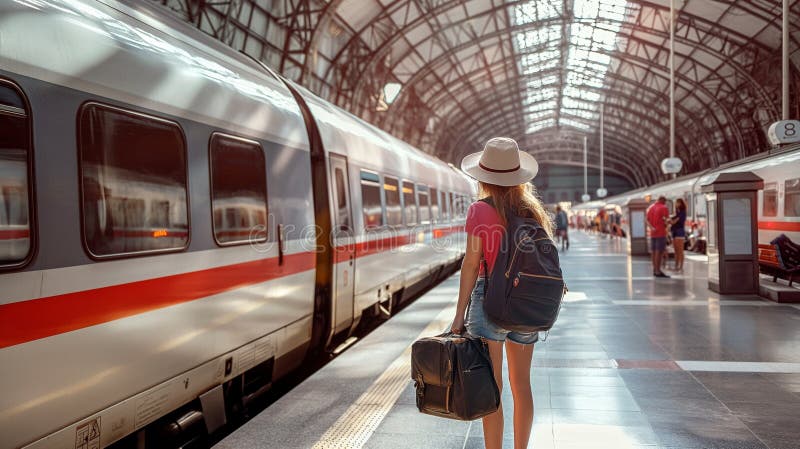 Passengers and High-speed Train Stands at the Station at Night. Modern ...