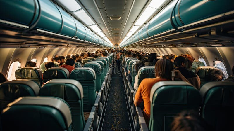 Refugees Passengers Inside of the Airplane at the Morning Time Stock ...