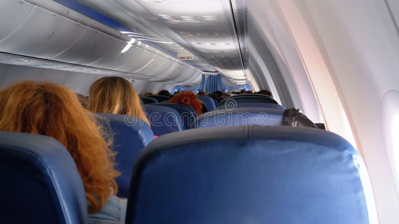 Passengers Inside the Cabin of Passenger Aircraft Sitting on the Chairs ...