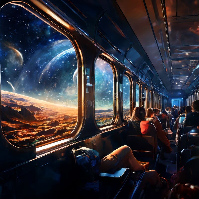 Passengers Inside Futuristic Train with Space View through Windows ...