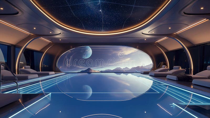 Passengers Relax in a Lavish Space Hotel with Stunning Views of Distant ...