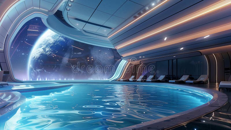 Passengers Relax in a Modern Space Hotel, Enjoying a Pool with ...
