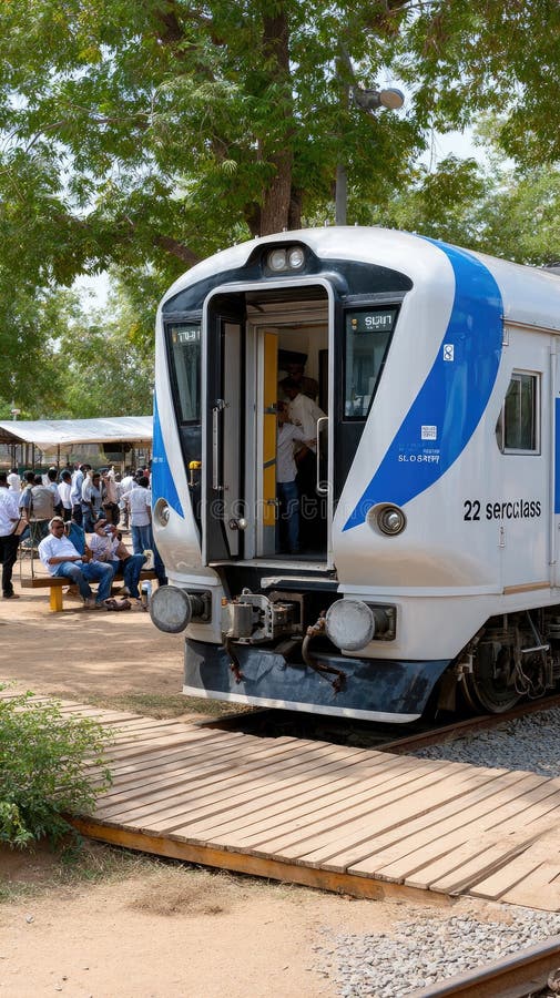 Passengers Stroll Next To a Blue Train with the Designation for Second ...