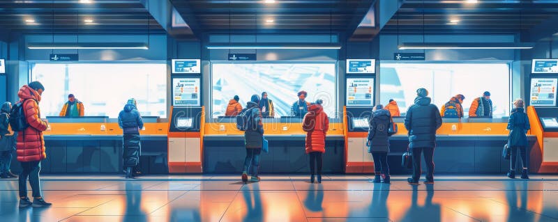 Passengers at Ticket Counters in Modern Transportation Hub Stock Photo ...