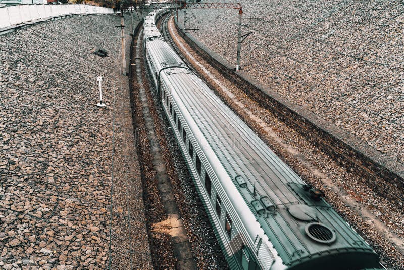 Passengers Train Moves Fast by Railroad, View from Above Stock Photo ...