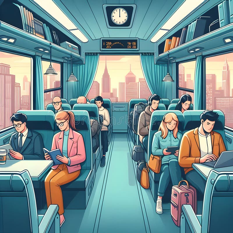Passengers Using Electronic Devices and Reading Books on a Train in New ...