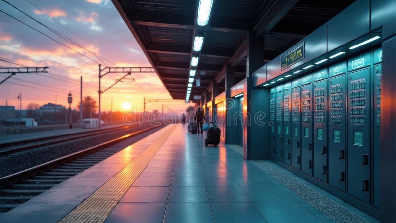 Passengers Waiting at Train Station during Sunset Stock Illustration ...