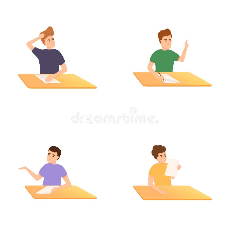 Passing Exam Icons Set Cartoon Vector. Young People Taking Exam Stock ...