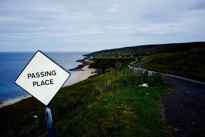 Passing Place Sign on the Shore with a View of the Sea on a Rainy Day ...
