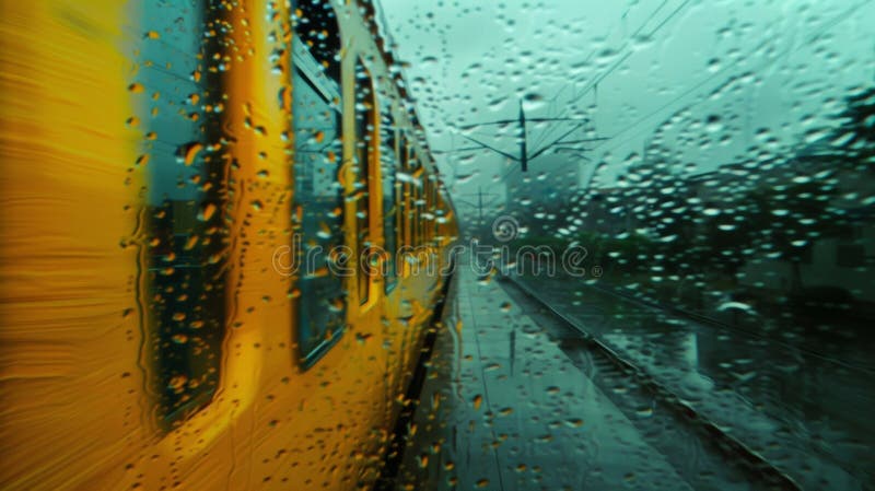 The Passing Scenery is Blurred by the Heavy Rain Giving the Train Ride ...