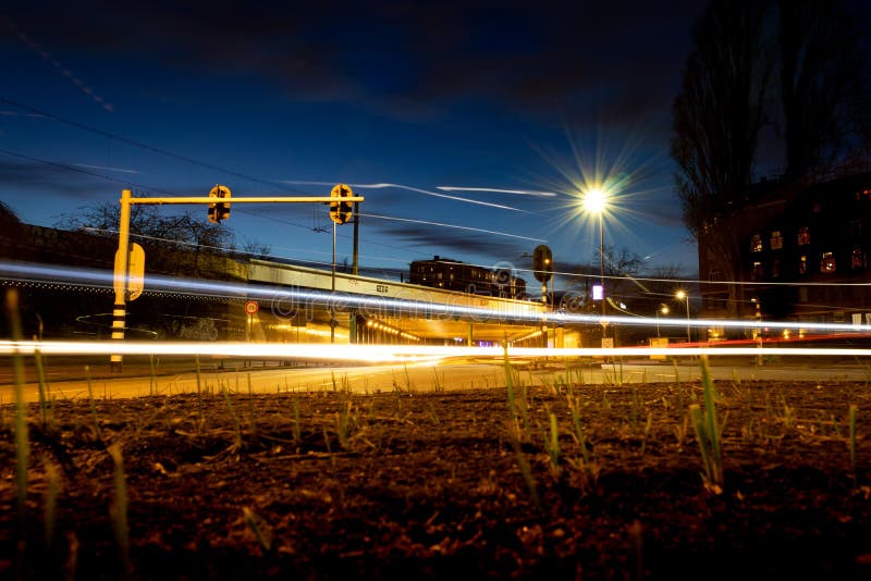 Passing Traffic at Night with Long Shuttertime Stock Image - Image of ...