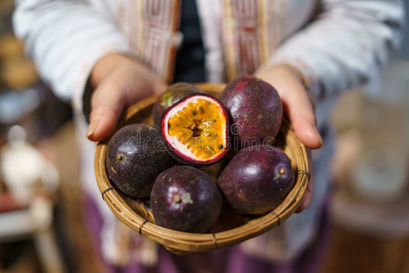 Passion fruit in basket stock photo. Image of closeup - 211904858