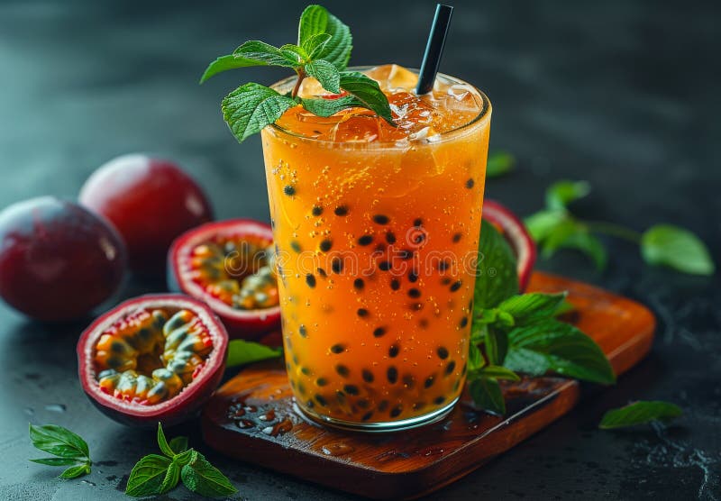Passion Fruit Iced Tea with Fresh Passion Fruit and Mint on Wooden ...