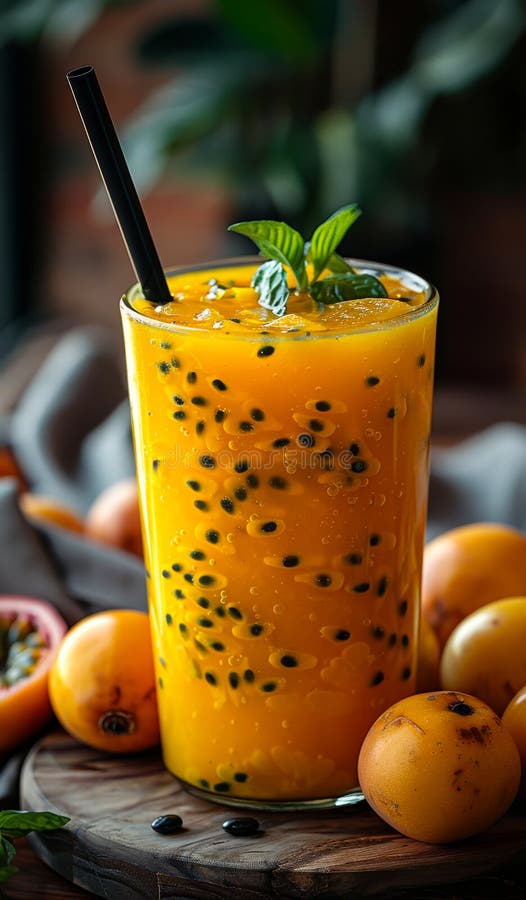 Passion Fruit Smoothie with Fresh Passion Fruit on Wooden Board Stock ...