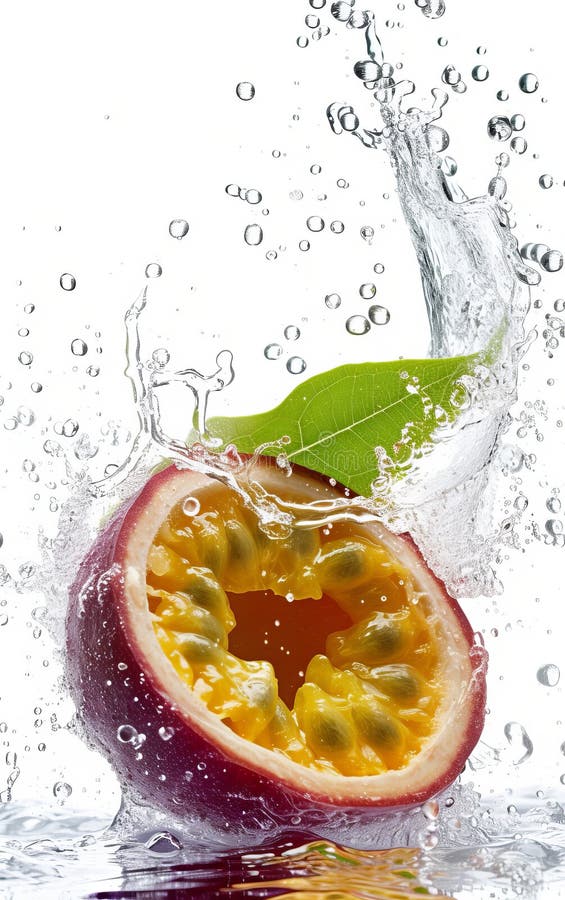 Passion Fruit Splashing into Water on White Background. Isolated Stock ...