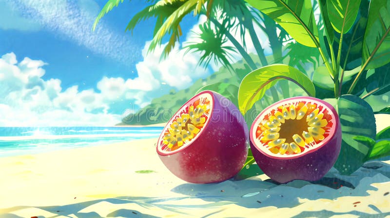 Passion Fruit on a Sunlit Beach. Summer Concept, Anime Illustration ...