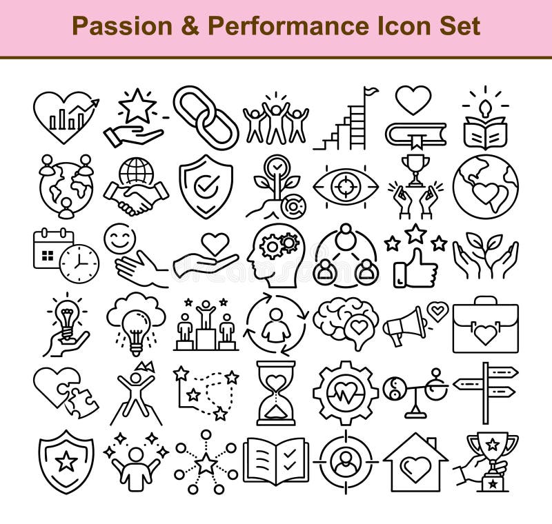 Passion Performance Icon Set with Black Line Art on Transparent ...